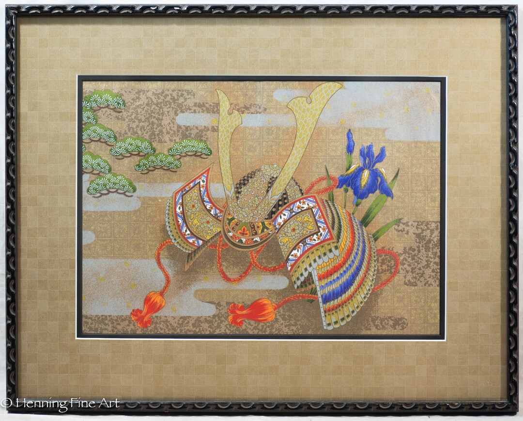 Beautiful Japanese Serigraph Showing Colorful Samurai Helmet and Iris ...