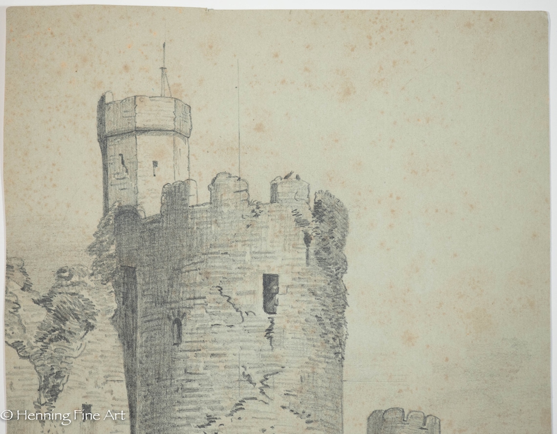 Beautiful Antique English Pencil Drawing of Conwy Castle, Wales, Fine ...