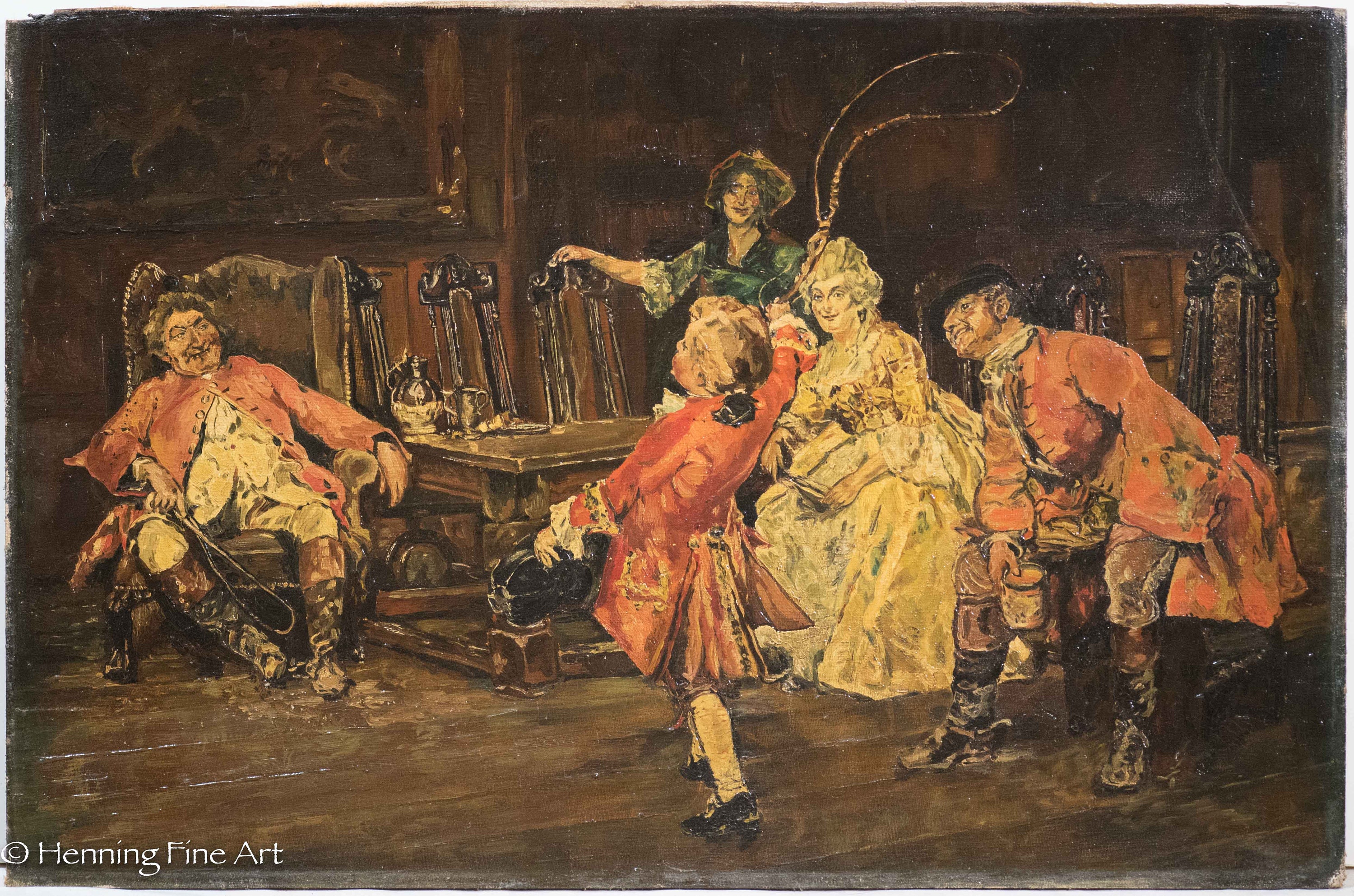 Antique 19th Century Oil Painting of European Genre Scene of Boy Roping ...