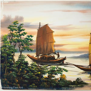 Beautiful Vintage Mid Century South East Asian Junk Boats Landscape ...