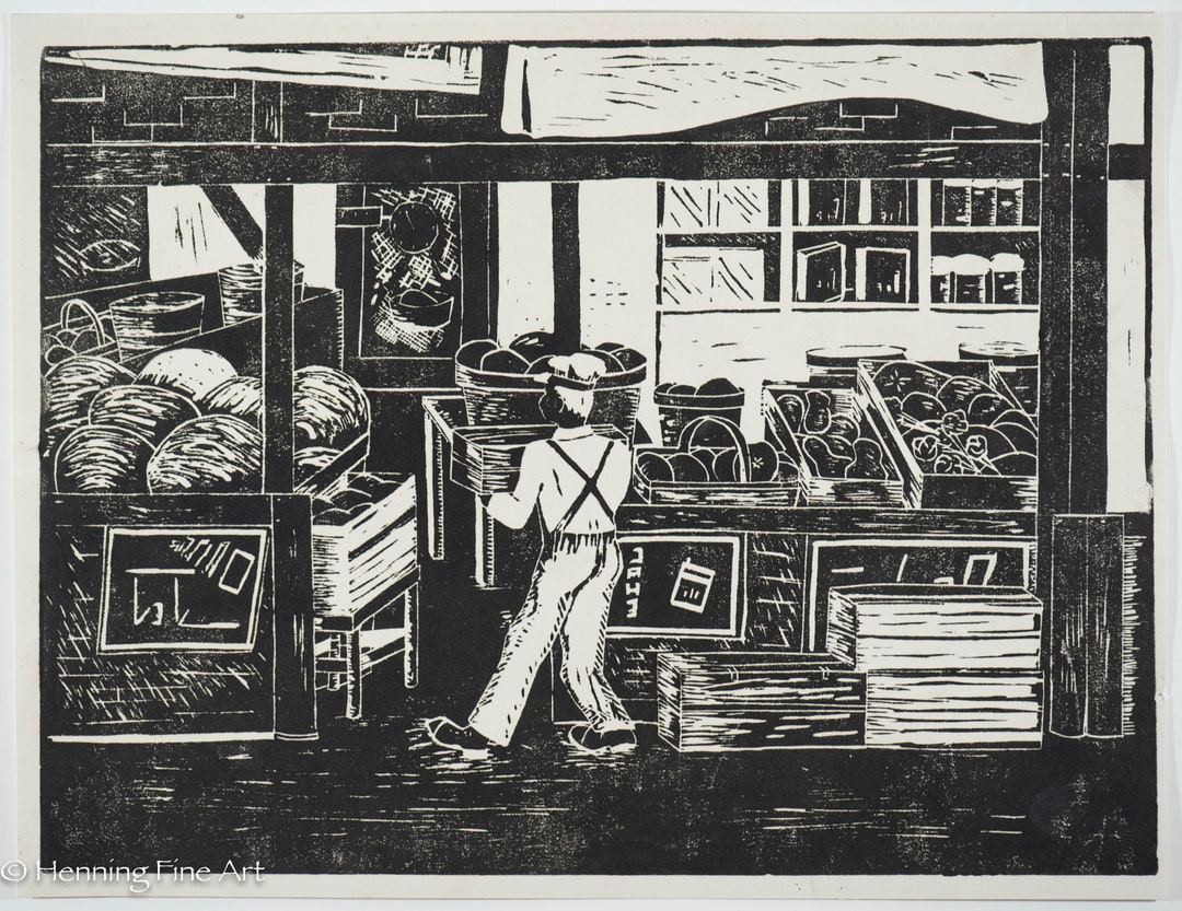 Beautiful Vintage Lino Cut Market Street Vendor by Marsha Essex, Fine ...
