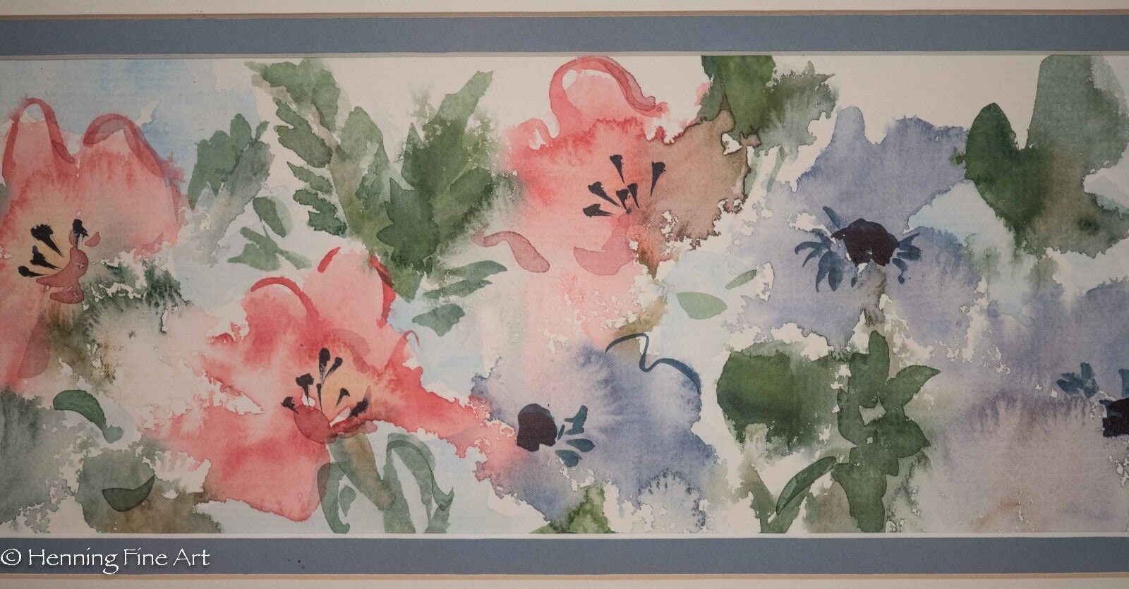 Barbara Hagan Original Floral Watercolor, Red and Blue Flowers, Signed ...