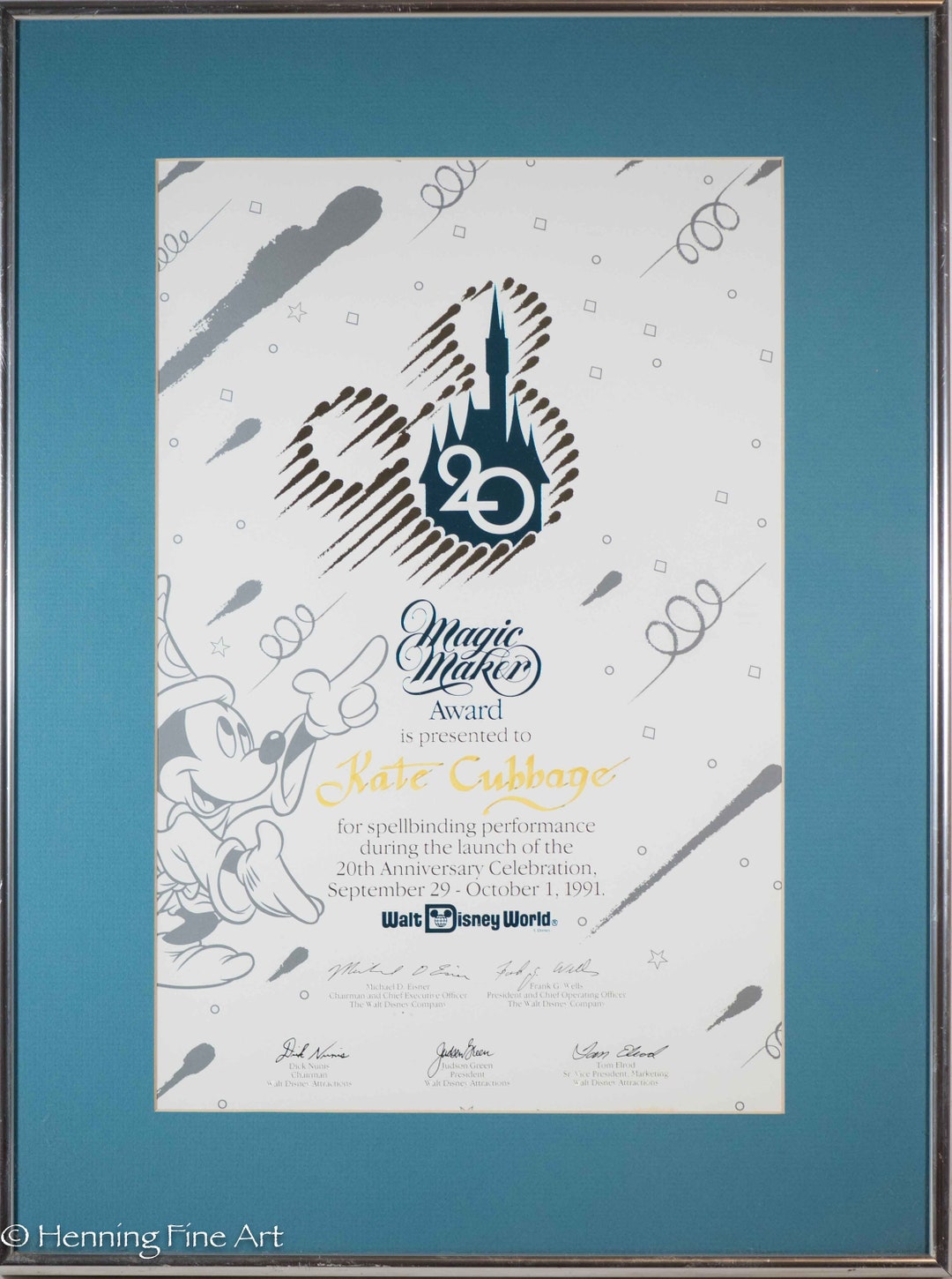 Extremely Rare Disney 20th Anniversary Magic Maker Award 1991, Framed ...