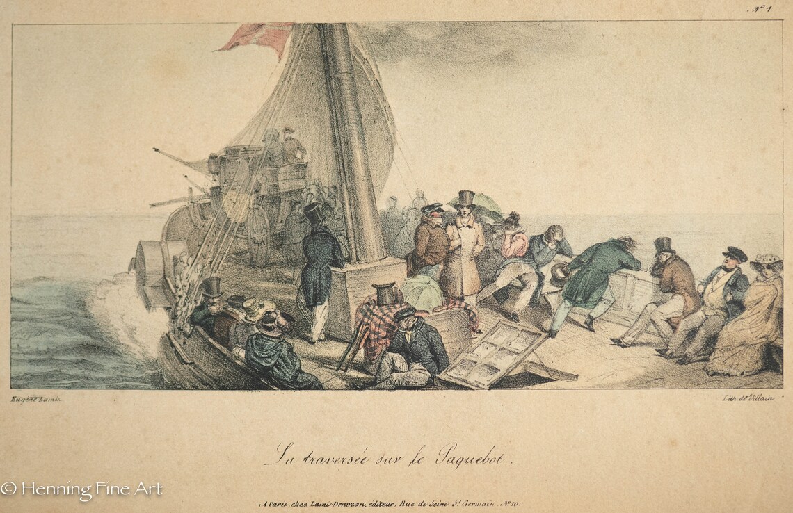 Rare Antique French Lithograph of Eugene Lami Seascape on Ocean Liner ...