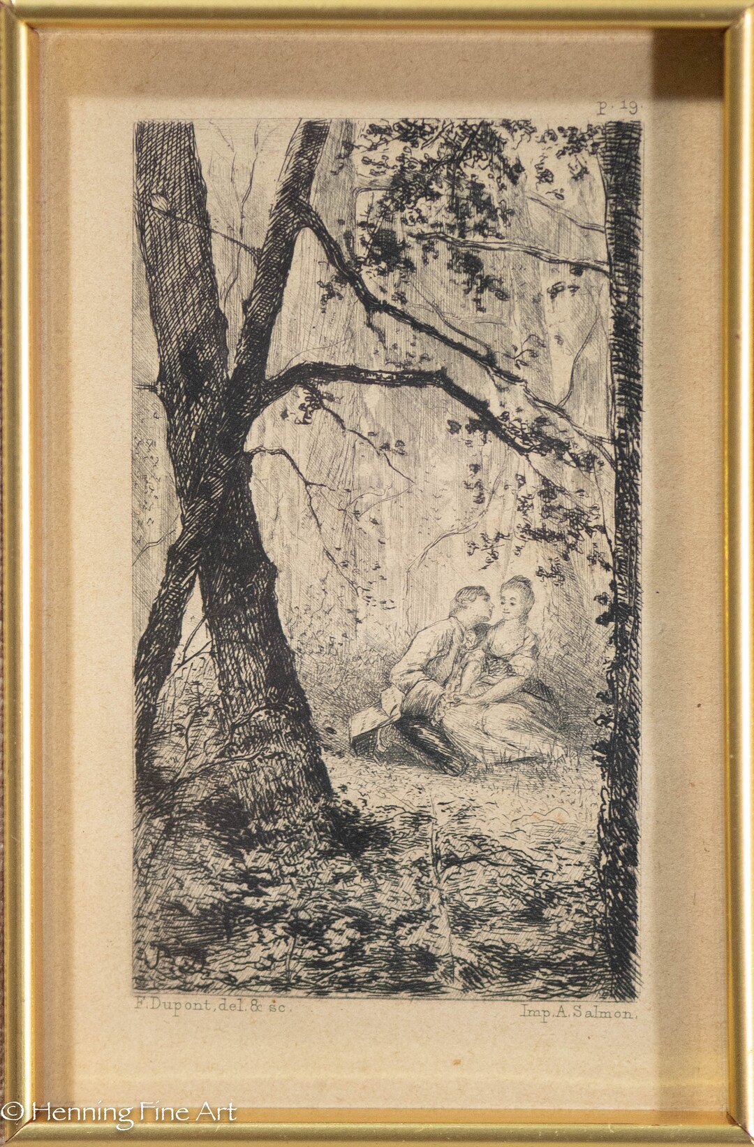 Beautiful Antique French Engraving of Two Lovers in Forest, Framed ...