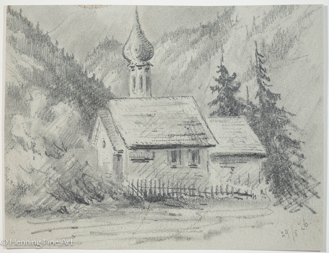 Beautiful Vintage European Pencil Drawing of Lovely Mountain Church - Etsy