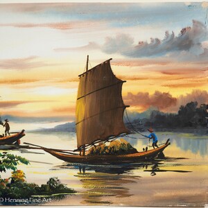 Beautiful Vintage Mid Century South East Asian Junk Boats Landscape ...