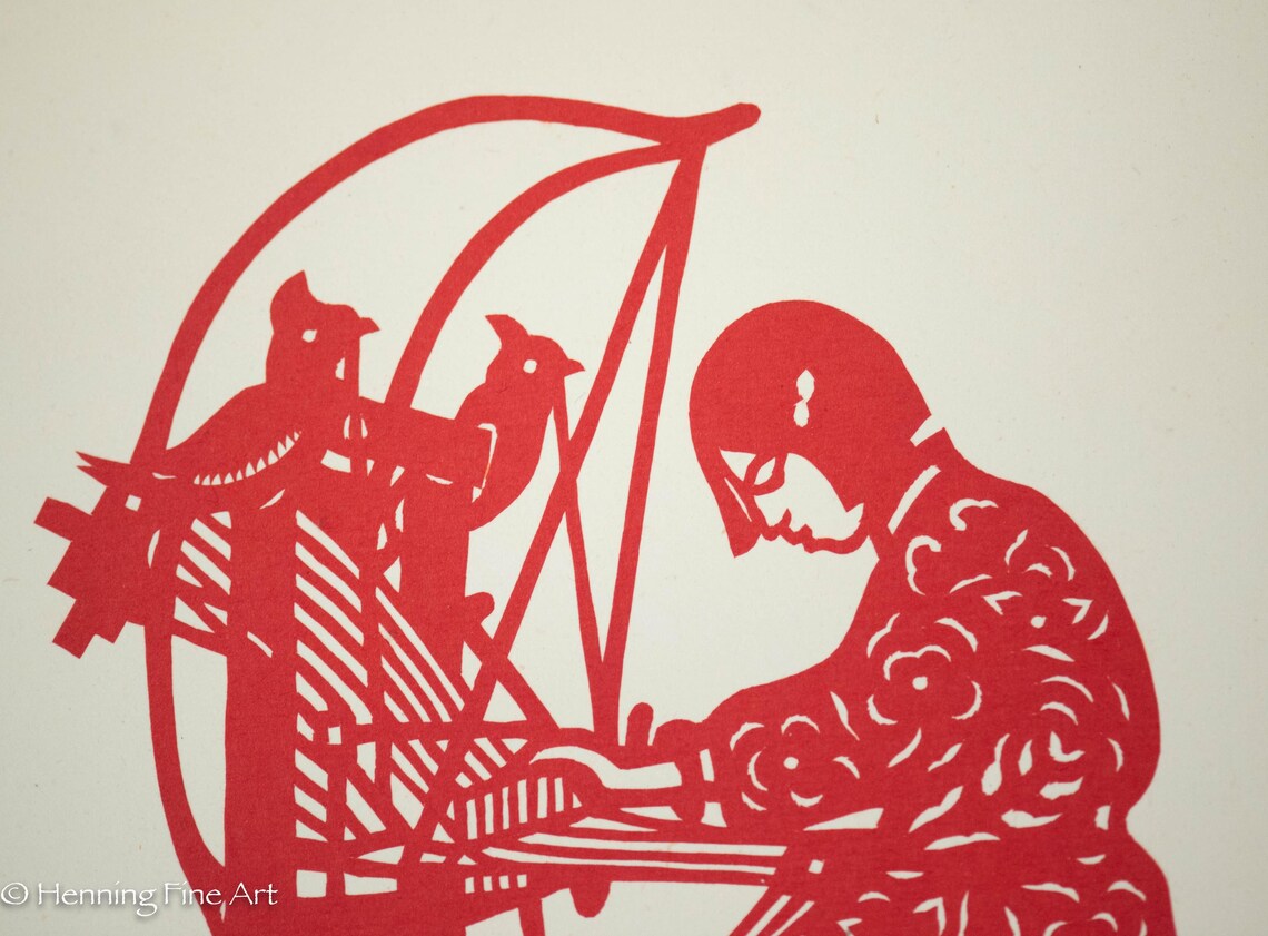 Vintage Chinese Silhouette Paper Cutting of Woman Weaving a Rug ...