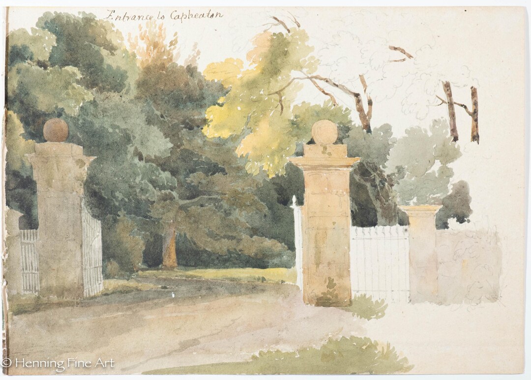Antique English Watercolor Landscape of Entrance to Capheaton Near ...