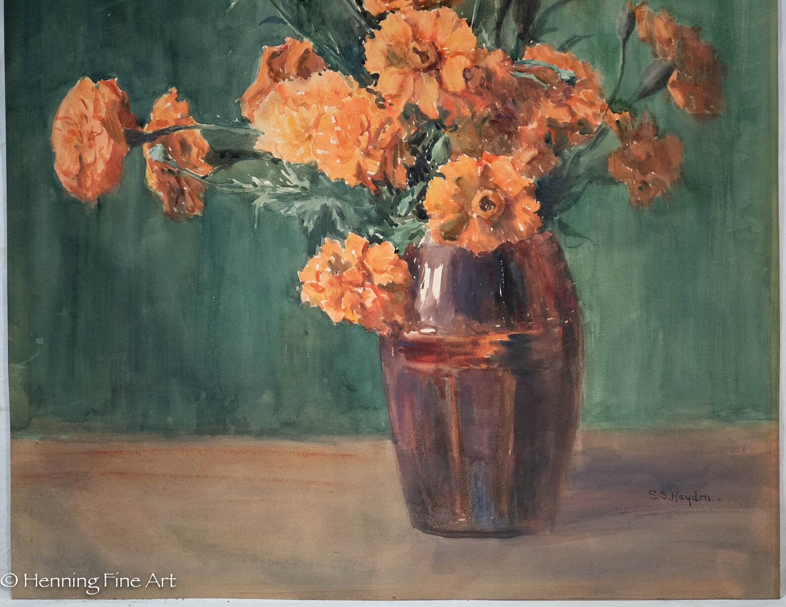 Rare Sara Shewell Hayden Watercolor Painting Marigold Floral Still Life ...