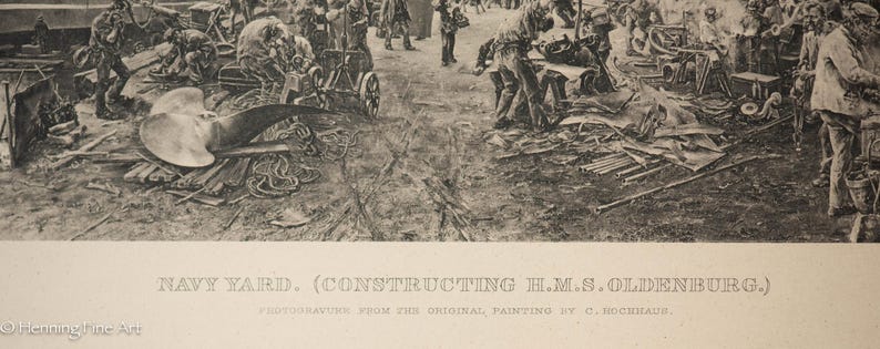 Rare Antique Photogravure Navy Yard Constructing HMS Oldenburg German ...