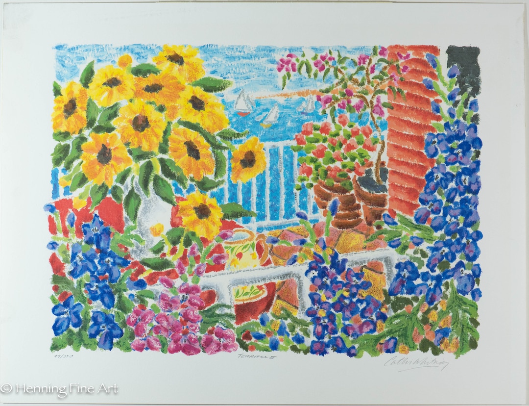 Beautiful Cathi Whiting Serigraph Floral Terrace With Harbor Scene ...