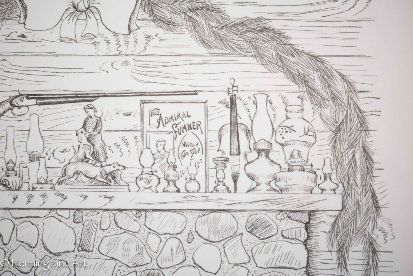 Original Ink Drawing of Christmas Scene W/ Fireplace Antique | Etsy
