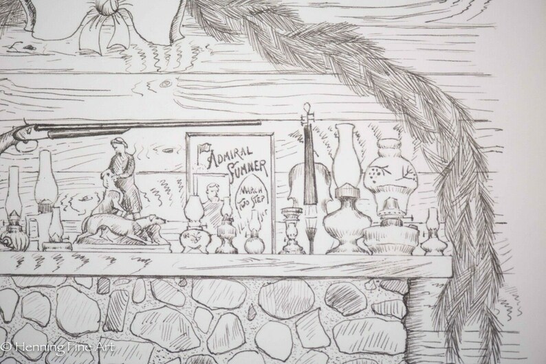 Original Ink Drawing of Christmas Scene W/ Fireplace Antique | Etsy