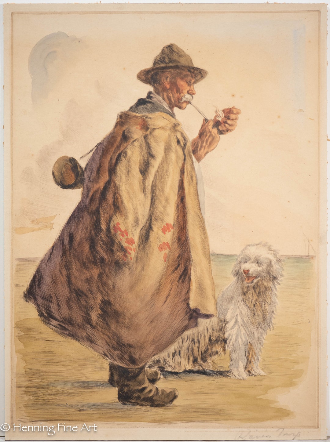 Beautiful Antique Etching of Smoking Shepherd With Dog by Imre Révész ...