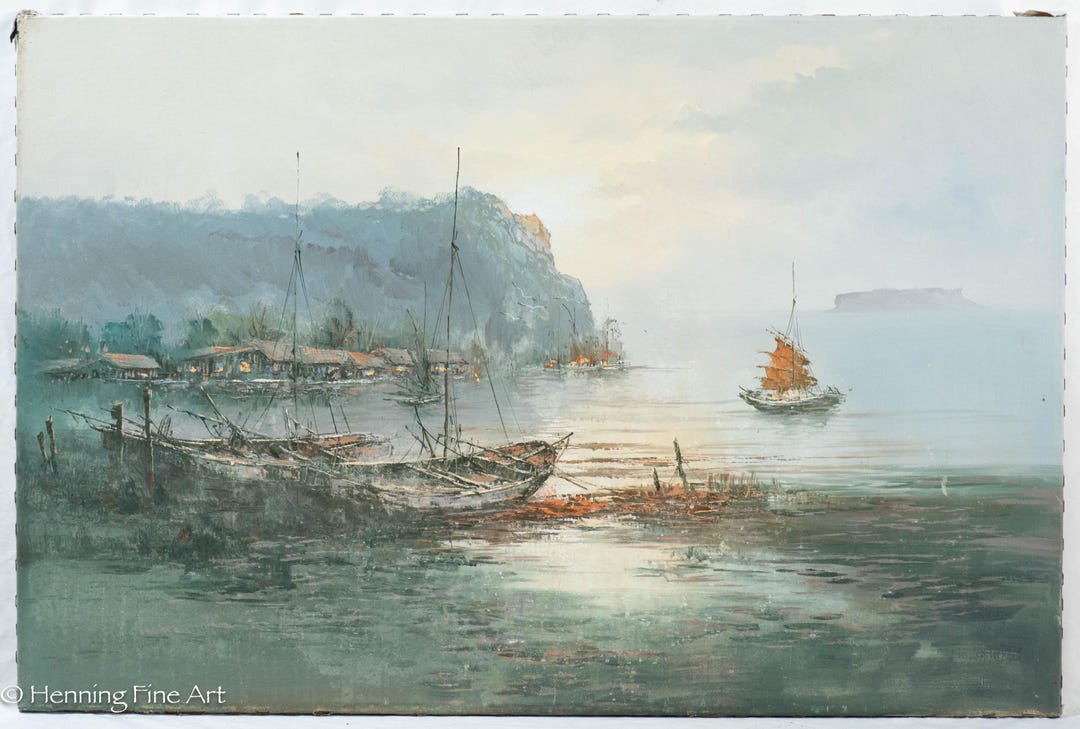 Vintage Chinese Painting Coastal River Valley Seascape With Junk Boats ...