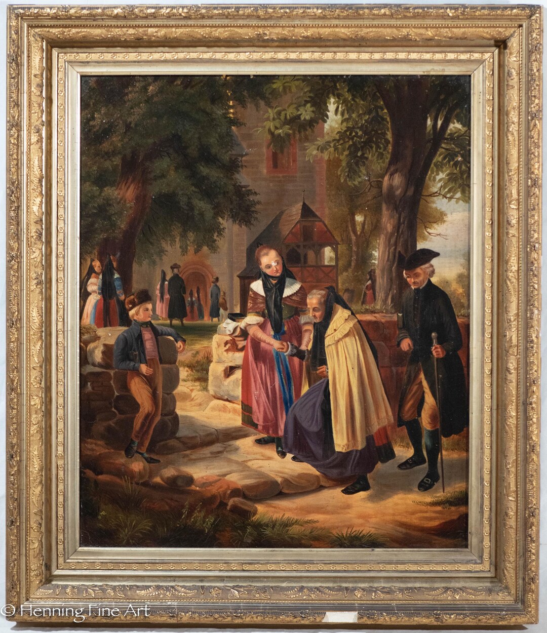Beautiful Antique Oil Painting Church Goers Busy Landscape 19th Century ...