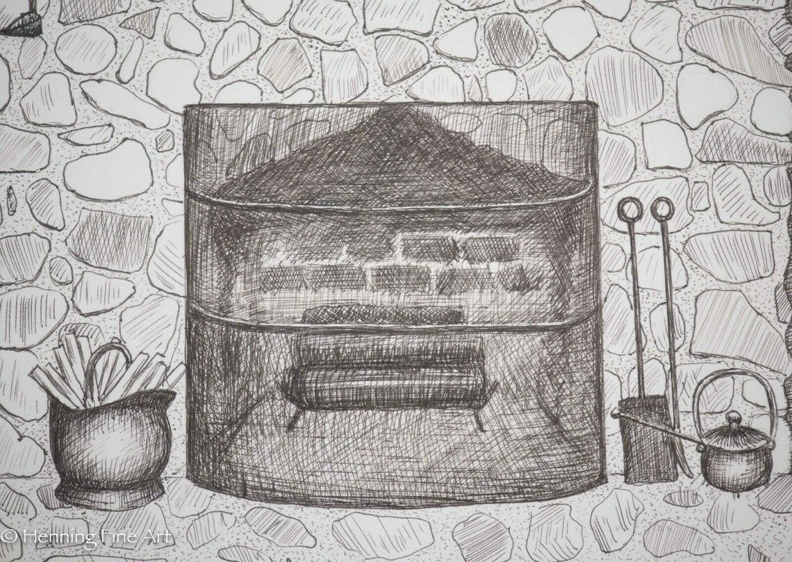 Original Ink Drawing of Christmas Scene W/ Fireplace Antique | Etsy