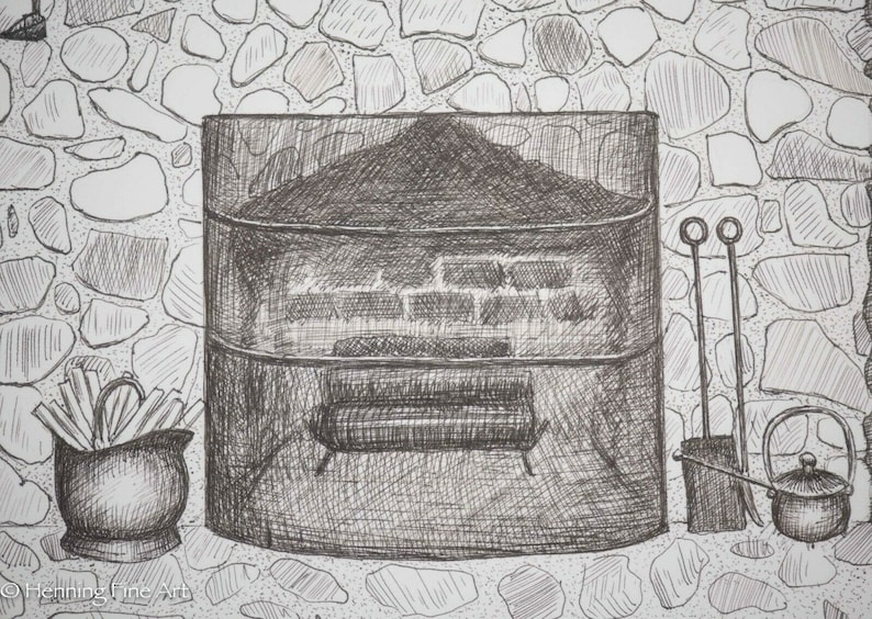 Original Ink Drawing of Christmas Scene W/ Fireplace Antique | Etsy