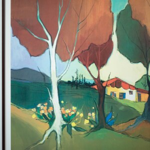 Beautiful Itzchak Tarkay Landscape Red Roof With Trees and Flowers ...