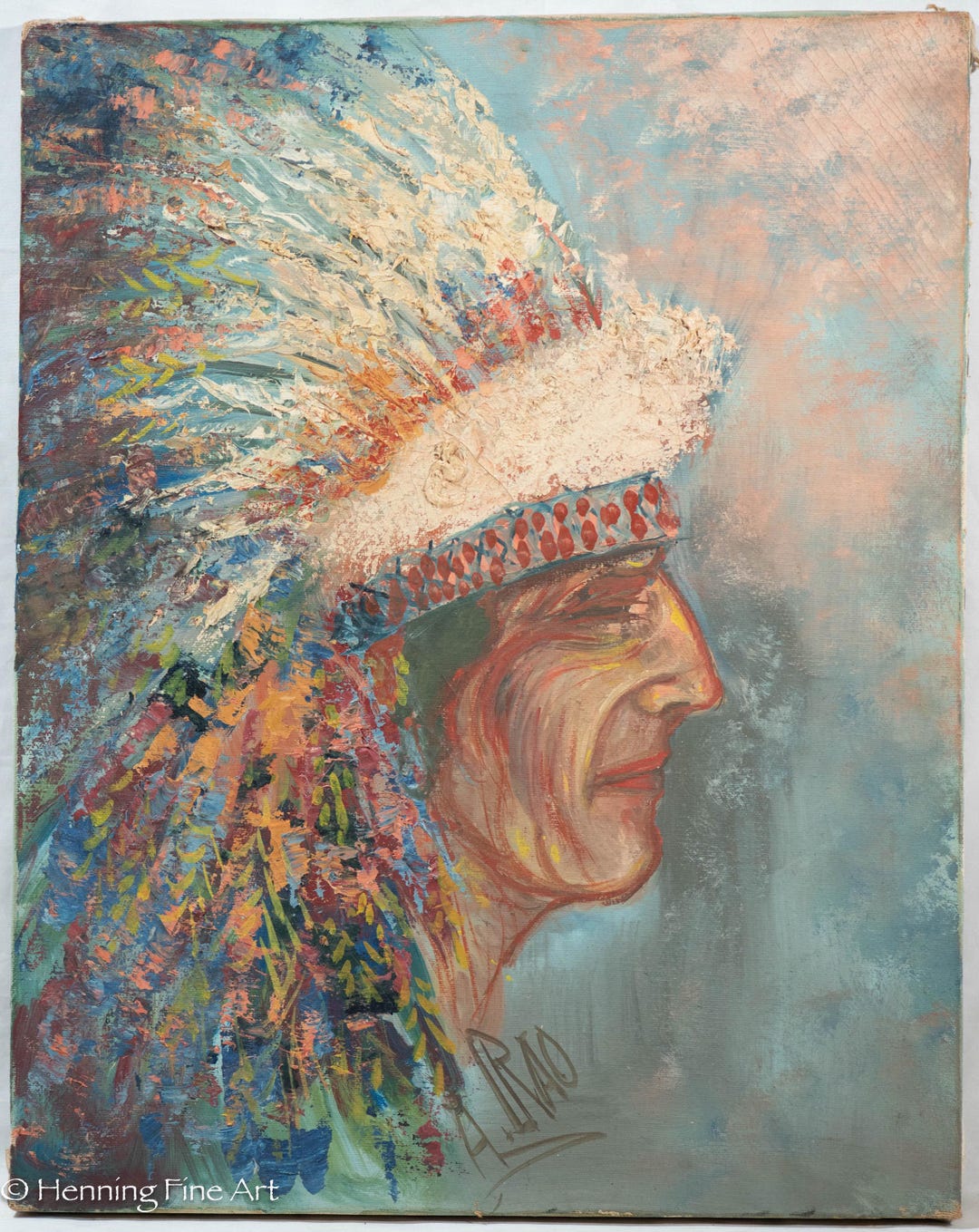 Mid Century Expressionist Oil Painting of Native American Chieftain ...