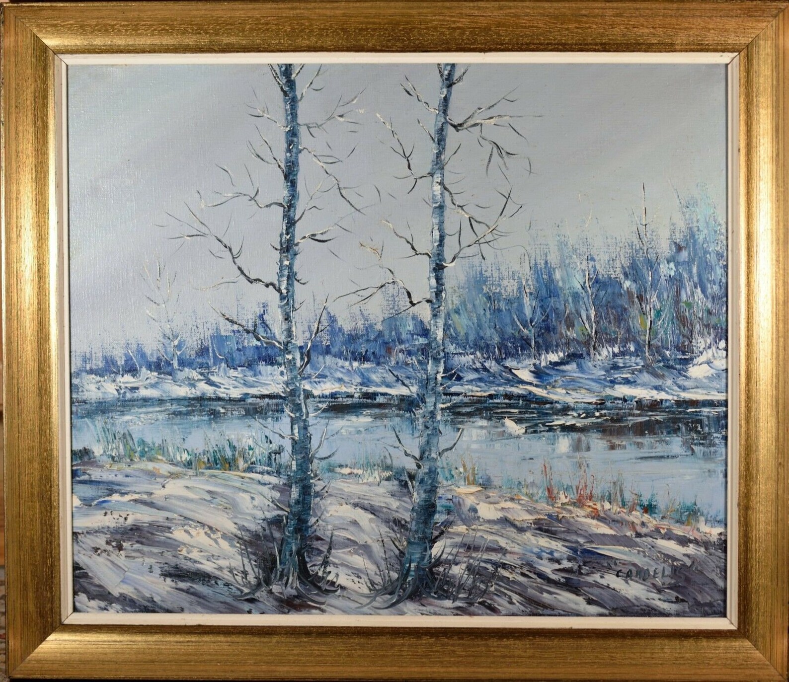 Gay Candelis Original Oil Painting, Winter River Landscape, Signed ...