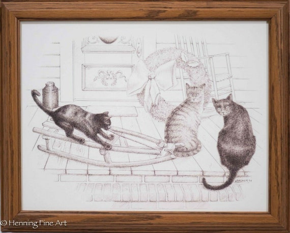 Original Ink Drawing of Christmas Farm Scene With Cats & Old - Etsy