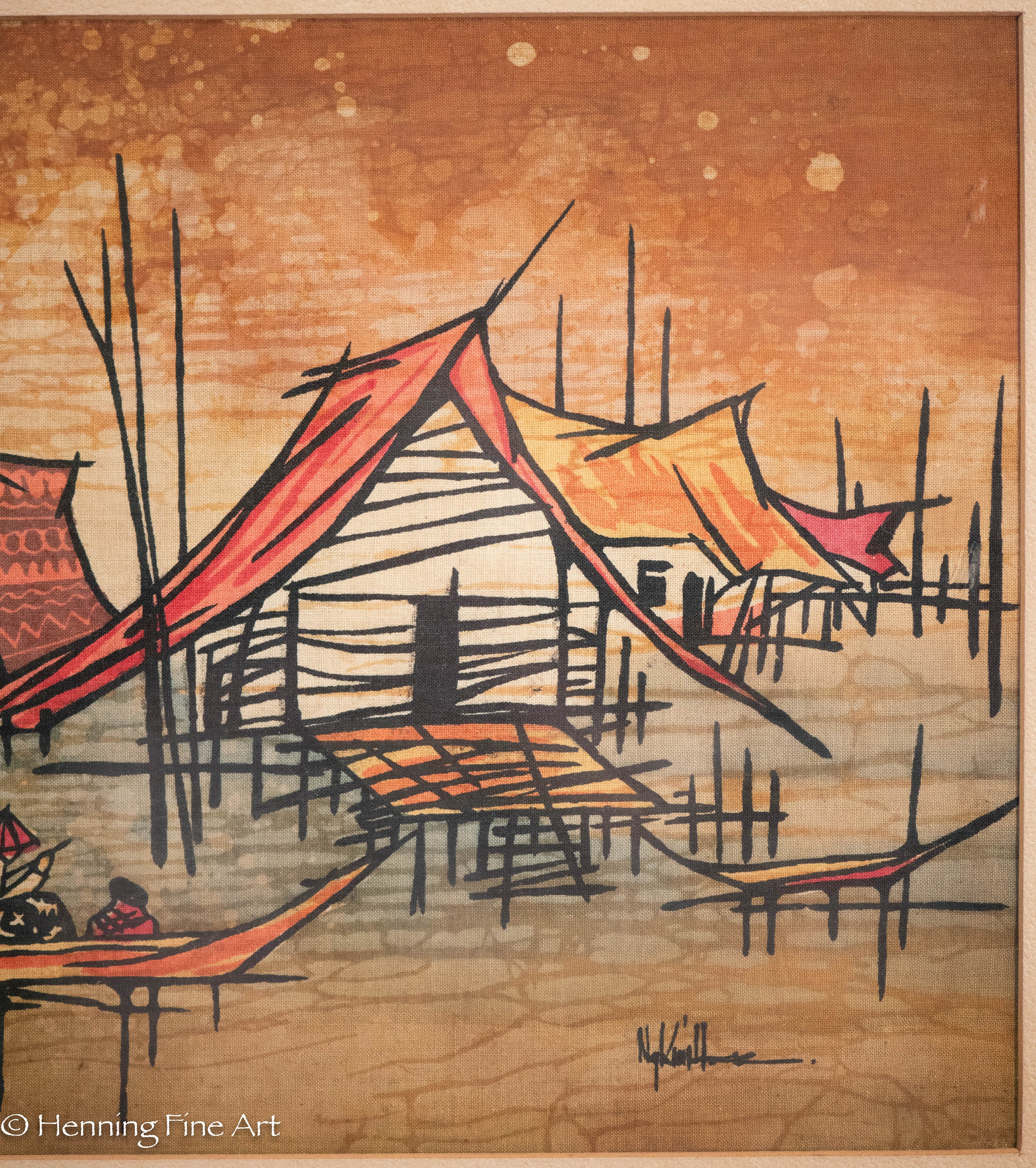 Beautiful Vintage Mid Century Batik Painting South East Asian Village ...