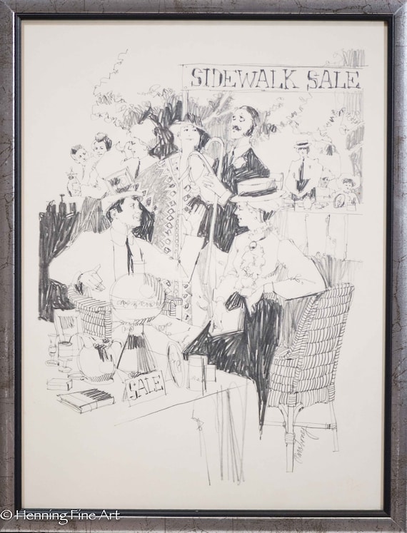 Beautiful Illustration Drawing Sidewalk Yard Sale by Ron | Etsy