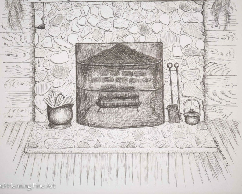 Original Ink Drawing of Christmas Scene W/ Fireplace, Antique Oil Lamps ...