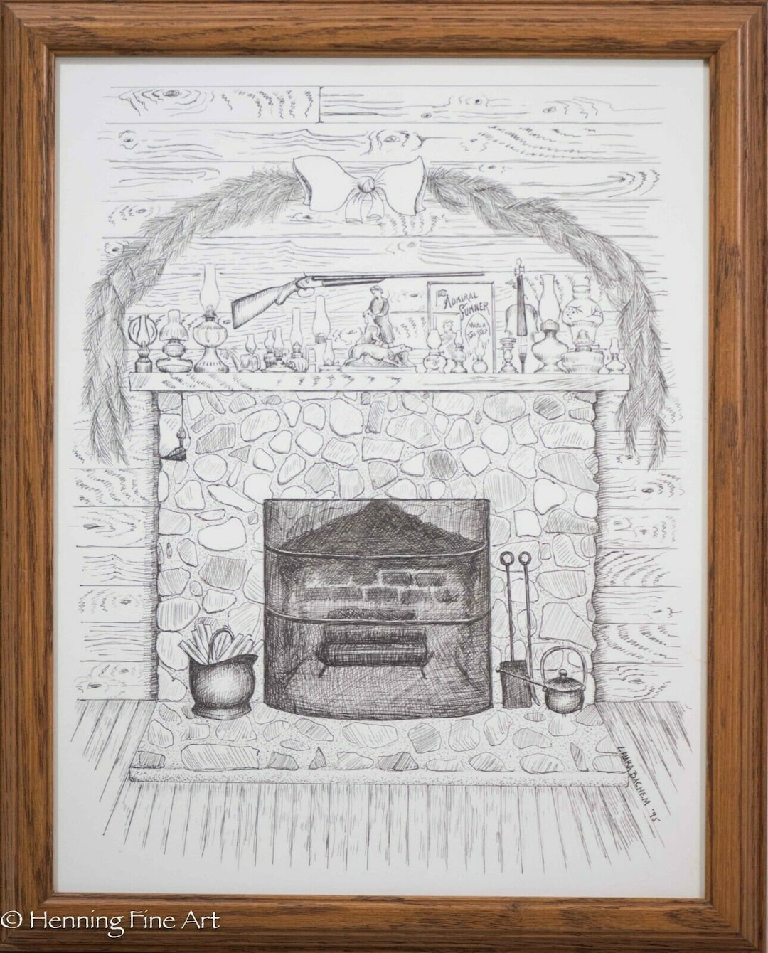 Original Ink Drawing of Christmas Scene W/ Fireplace, Antique Oil Lamps ...