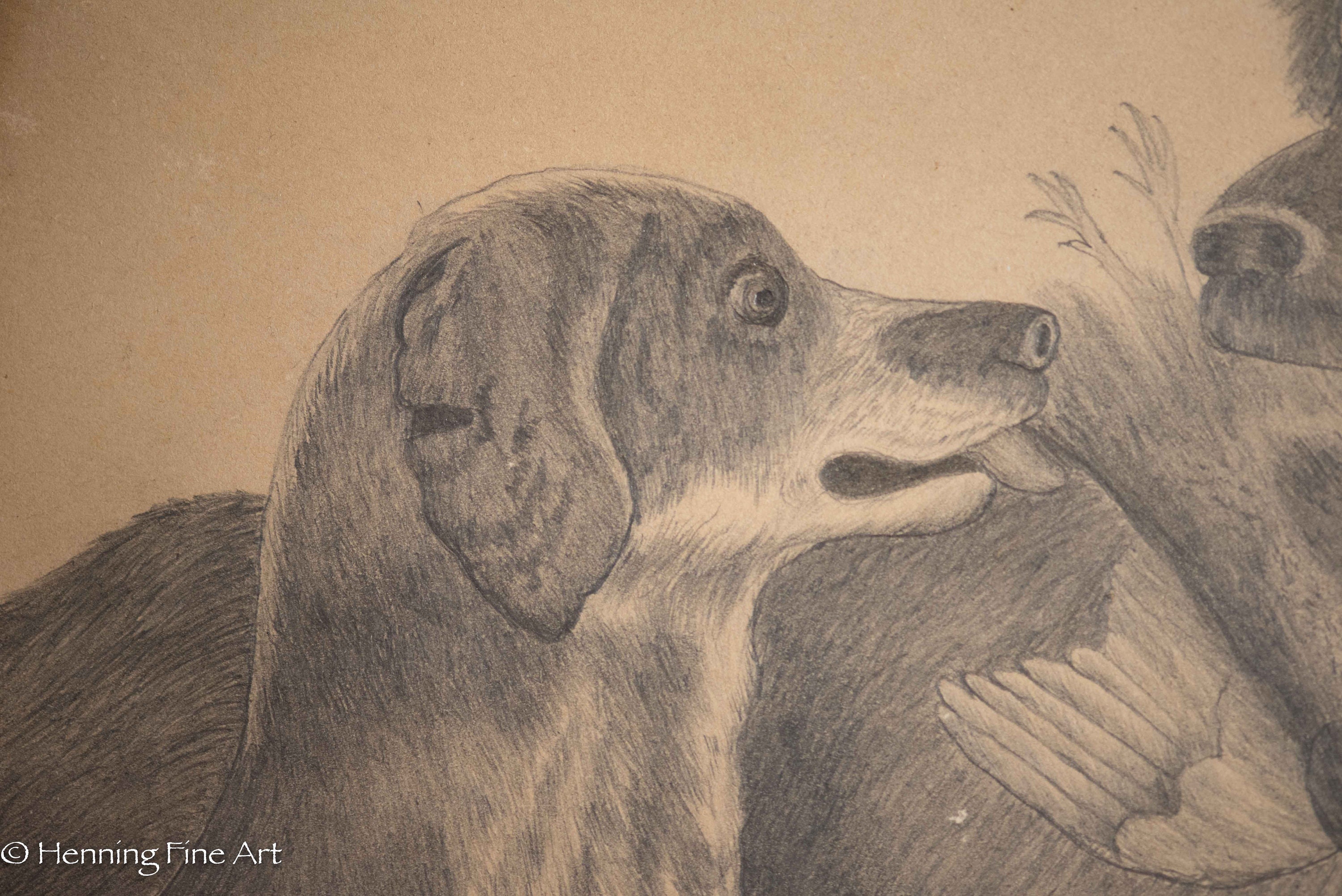 Antique 19th Century Pencil Drawing of Two Dogs With Bird, Framed ...