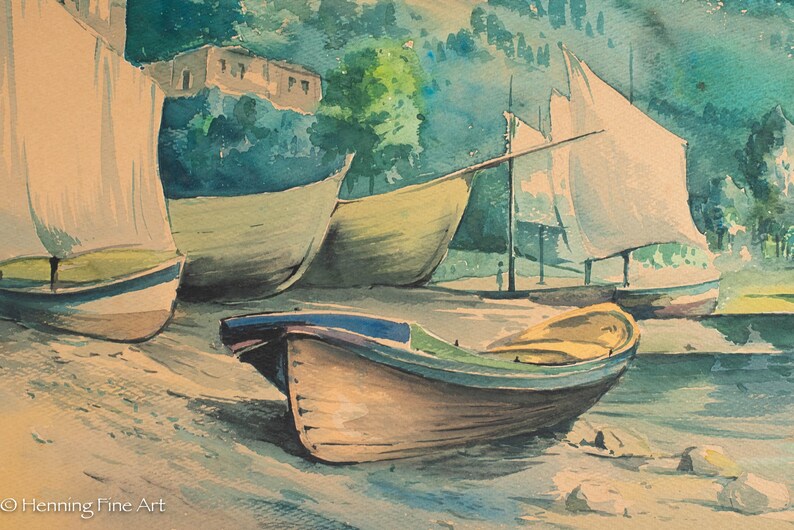 Antique Watercolor Painting of European Coastal Landscape W/ Boats ...