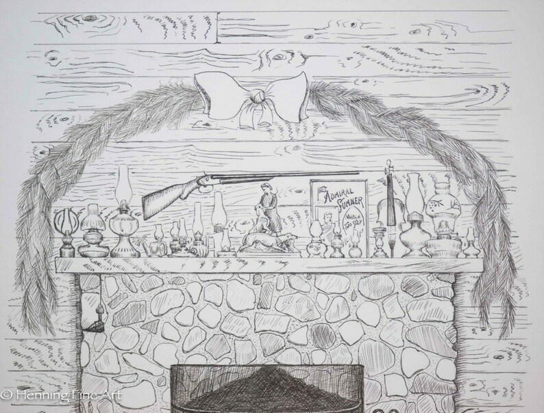 Original Ink Drawing of Christmas Scene W/ Fireplace Antique - Etsy