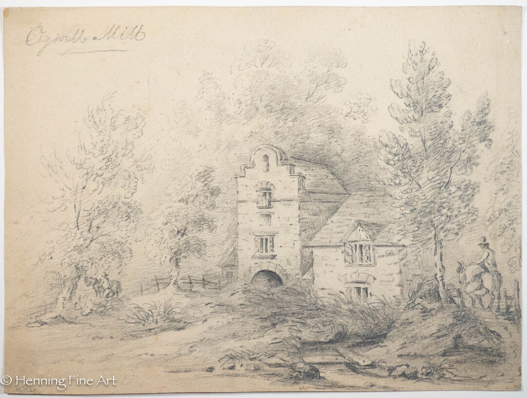 Beautiful Antique English Pencil Drawing of Classical Landscape Stone ...