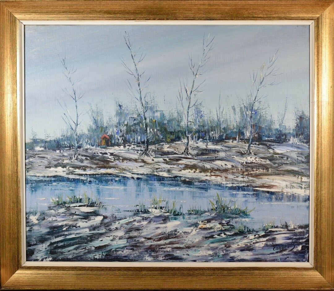 Gay Candelis Original Oil Painting, Winter River Landscape, Signed ...