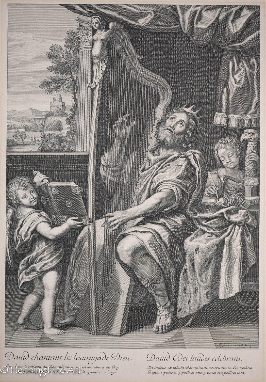 Stunning Antique Engraving of David Playing the Harp by Gilles ...