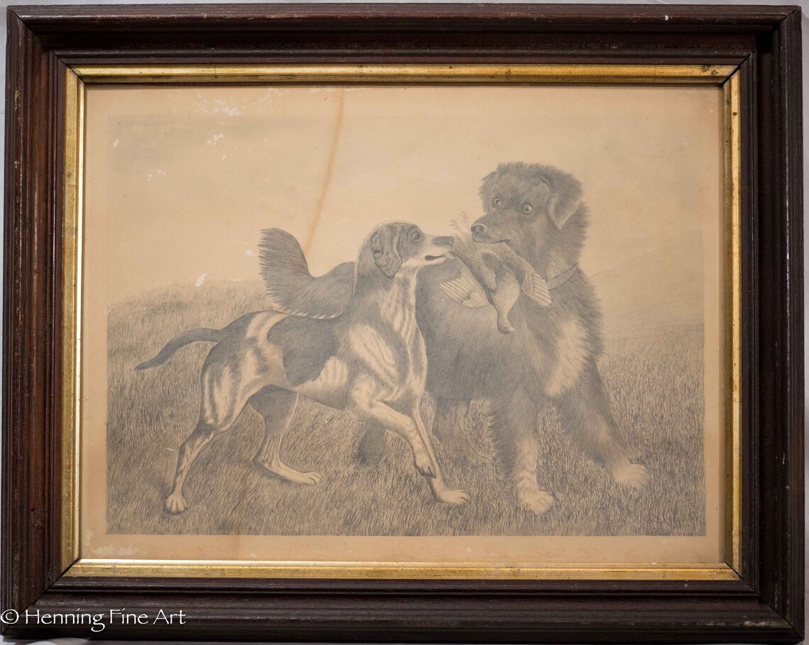Antique 19th Century Pencil Drawing of Two Dogs With Bird, Framed ...