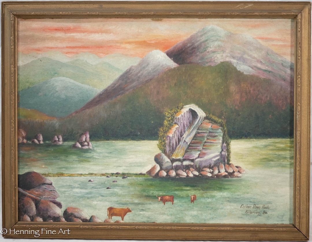 Beautiful Antique Folk Art Oil Painting of Colleen Bawn Rock Killarney ...