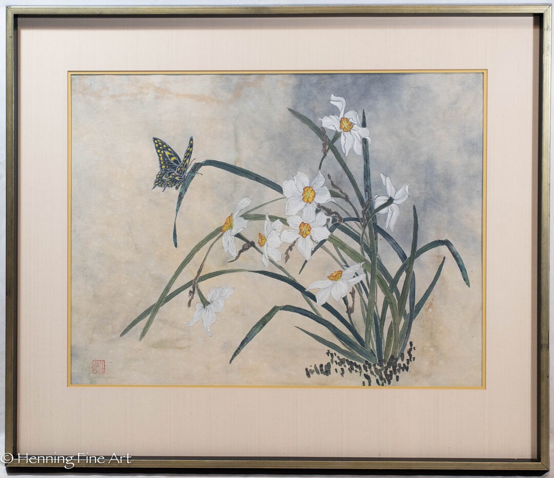 Stunning Ty Stuart Oriental Watercolor Painting of Butterfly ...
