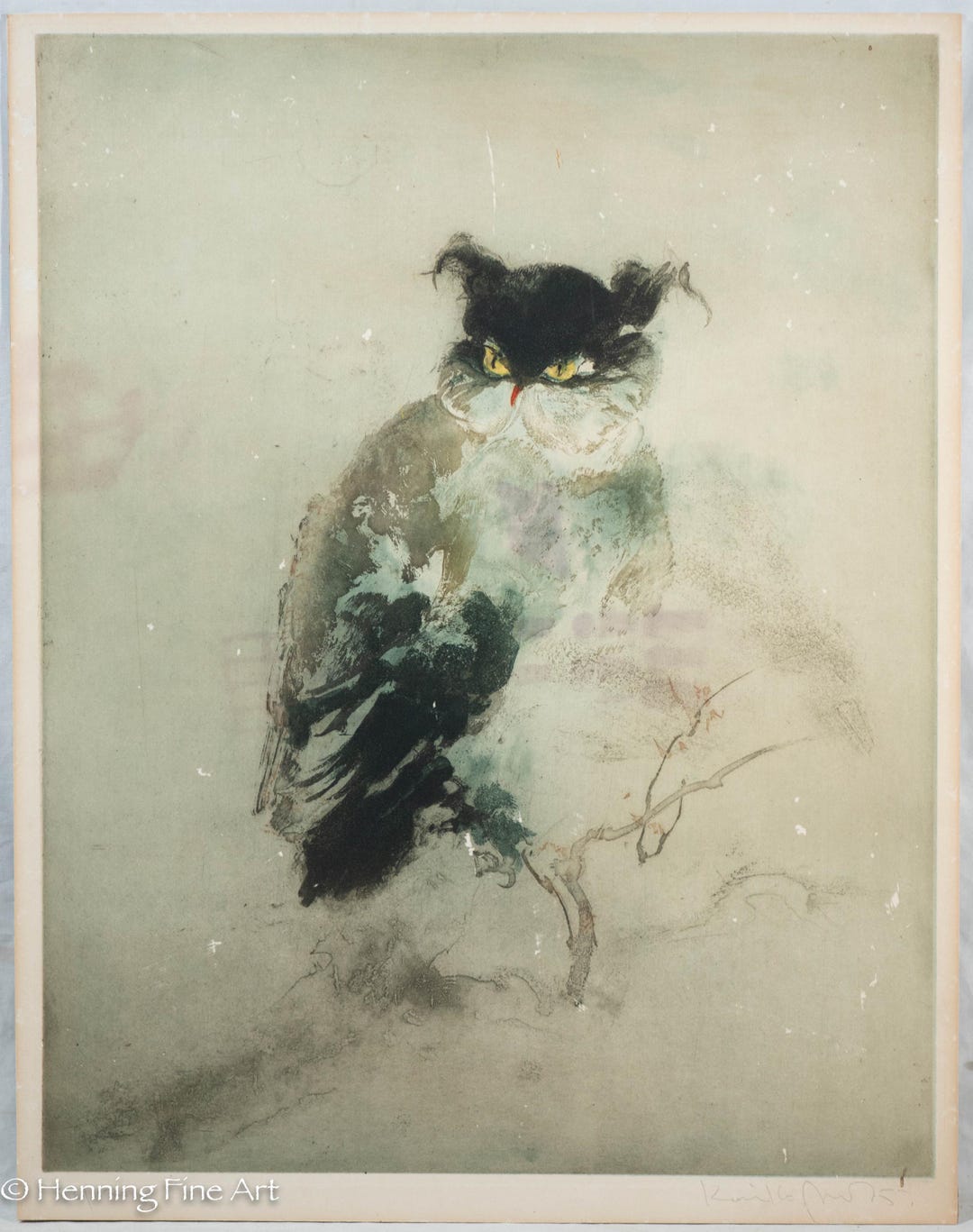 Rare Kaiko Moti La Choutte Etching of Owl on Branch, Limited Edition ...