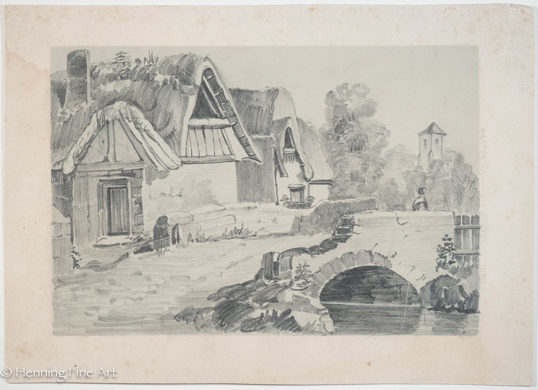 Beautiful Antique English Pencil Drawing of Thatched Roof Village Arch ...