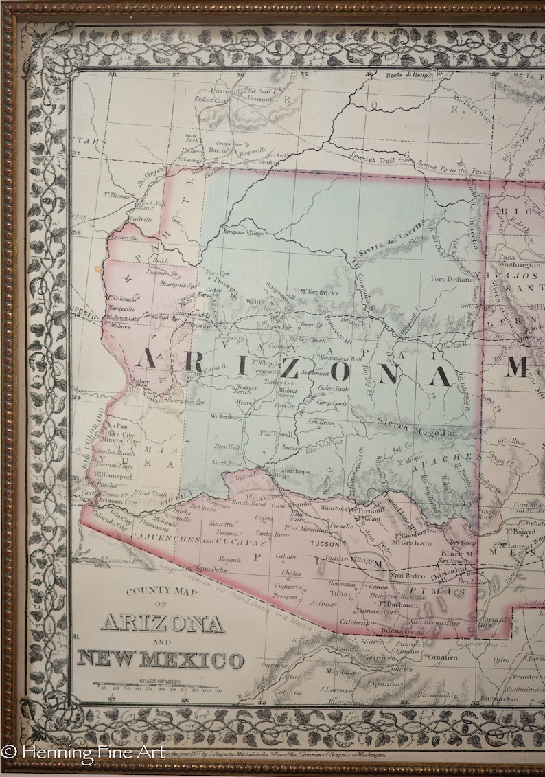 Antique County Map of Arizona and New Mexico S. August Mitchell 1877 - Etsy