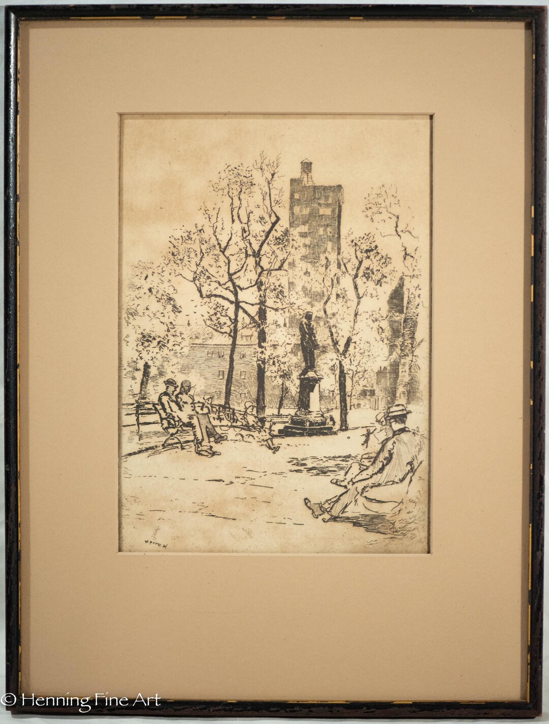 Beautiful Antique American Etching of Public Park With Statue by ...