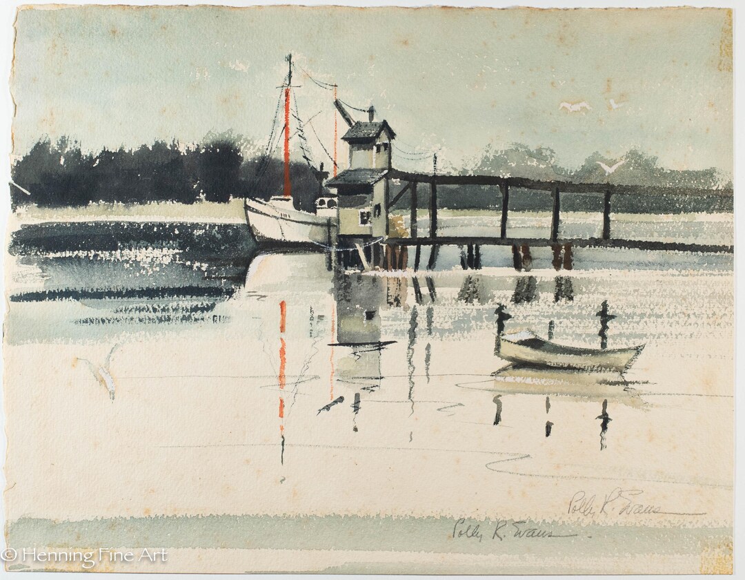 Beautiful Vintage Watercolor Northeastern Docked Fishing Boat ...