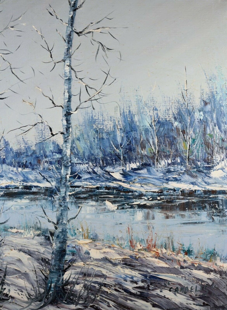 Gay Candelis Original Oil Painting, Winter River Landscape, Signed ...