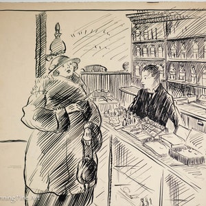 Antique Illustration Cartoon Ink Drawing General Store Pharmacy ...