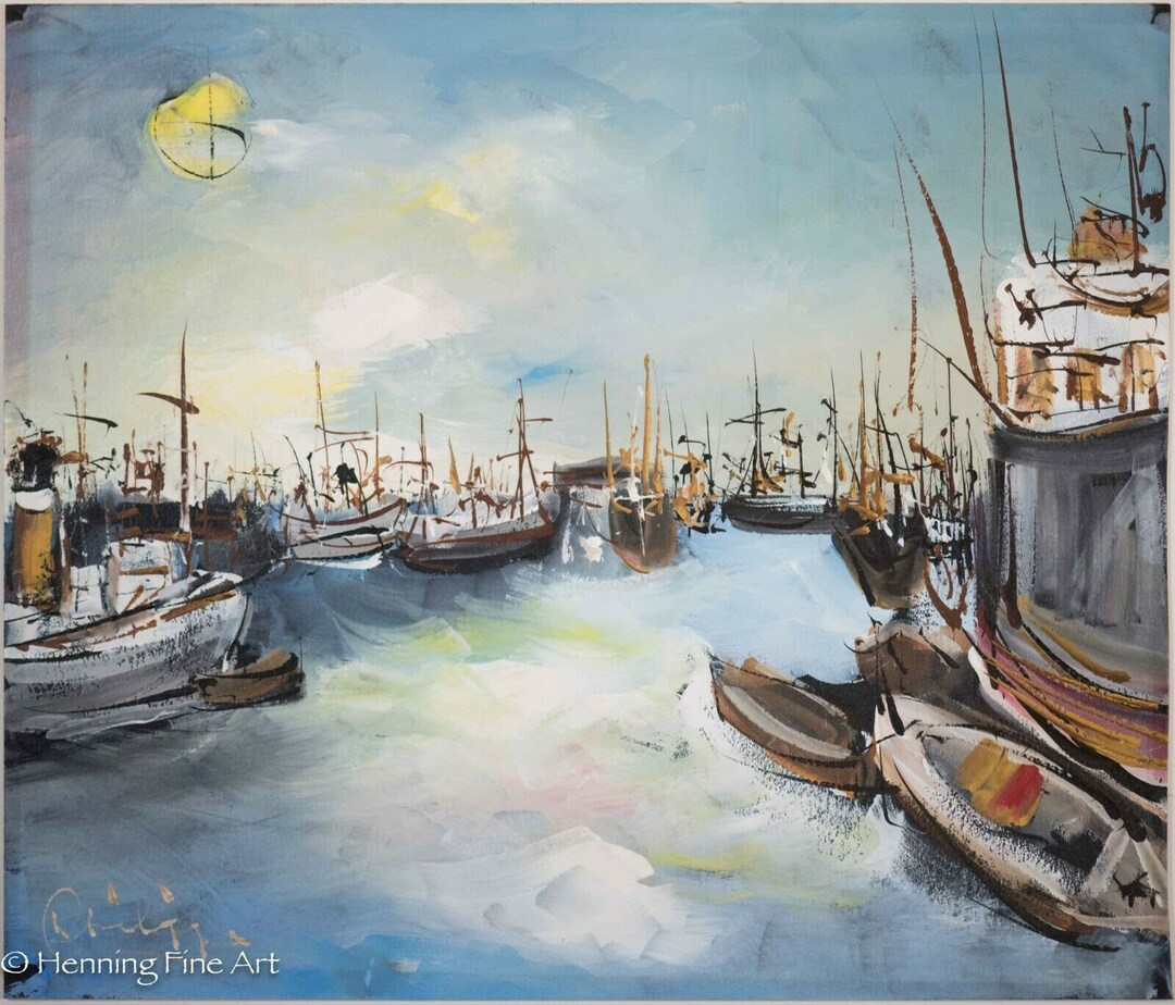 Beautiful Original Acrylic Painting of Busy Docked Boat Harbor ...