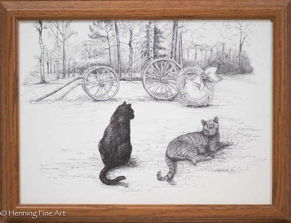 Original Ink Drawing of Christmas Farm Scene With Cats & Old | Etsy