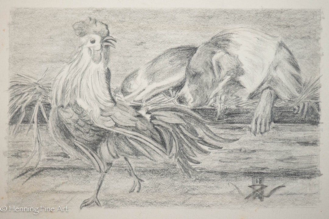 Beautiful Antique English Pencil Drawing of Rooster and Sleeping Dog ...